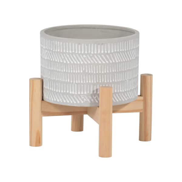 Liv & Skye 6 in. Green/ Brown Ceramic Planter with Bamboo Wood Stand ...