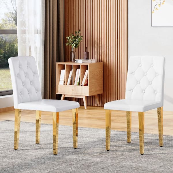 Qualler White 2-Pack PU Upholstered Dining Chairs with Gold Metal Legs ...
