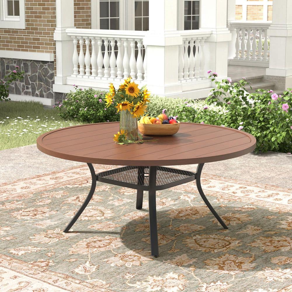 Brown Metal Outdoor Patio Round Dining Table with Adjustable Umbrella ...