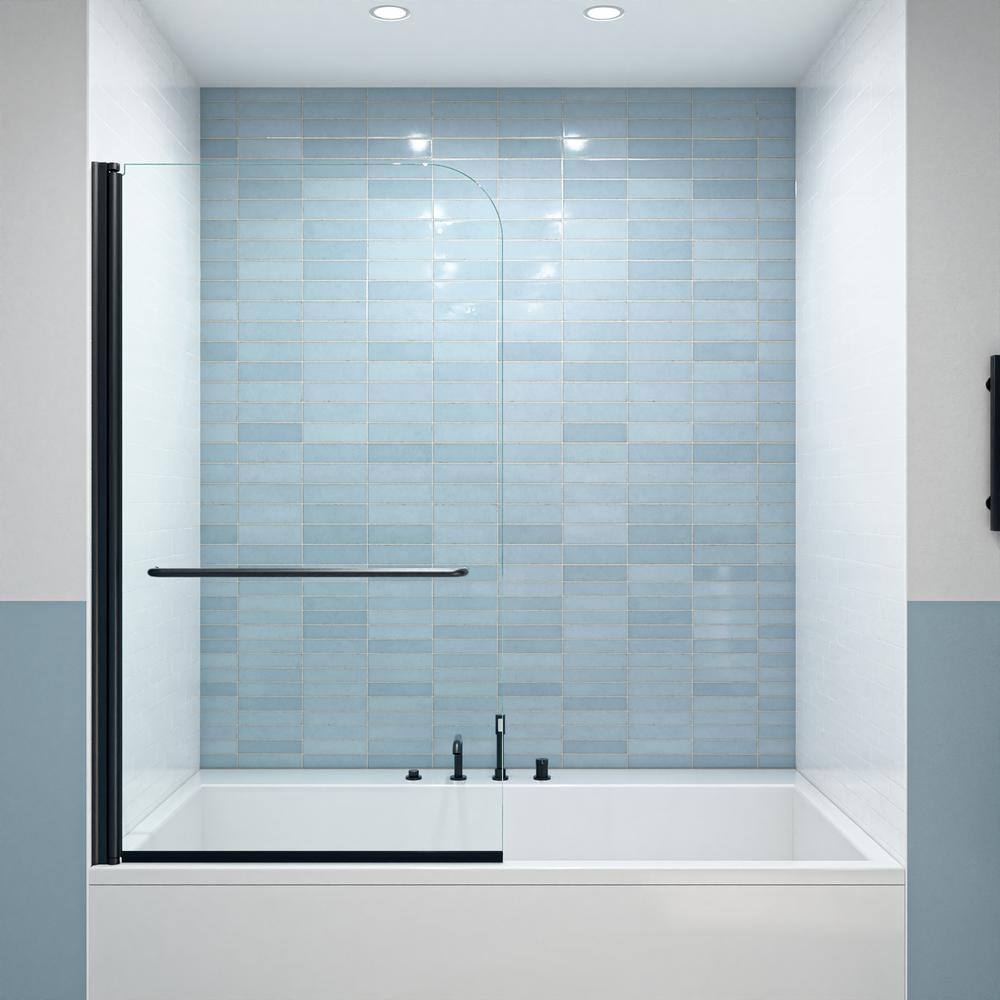 SHAAMA 34 in. W x 58 in. H Pivot Frameless Tub Door in Matte Black with ...