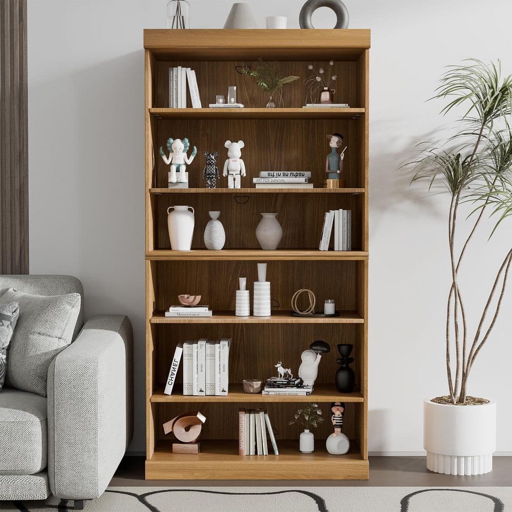 PexFix 62 in. Tall Natural Wood 4-Shelf Standard Bookcase with ...