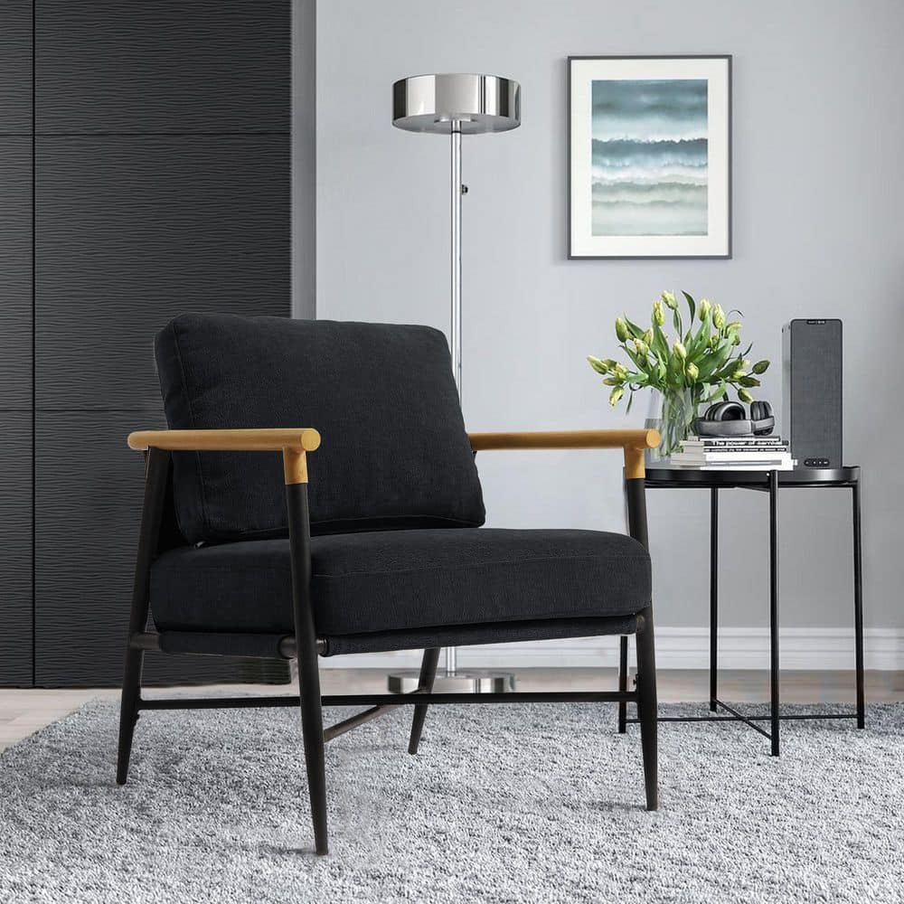 Uixe Mid-Century Modern Black Cotton Fabric Upholstery Arm Chair with ...