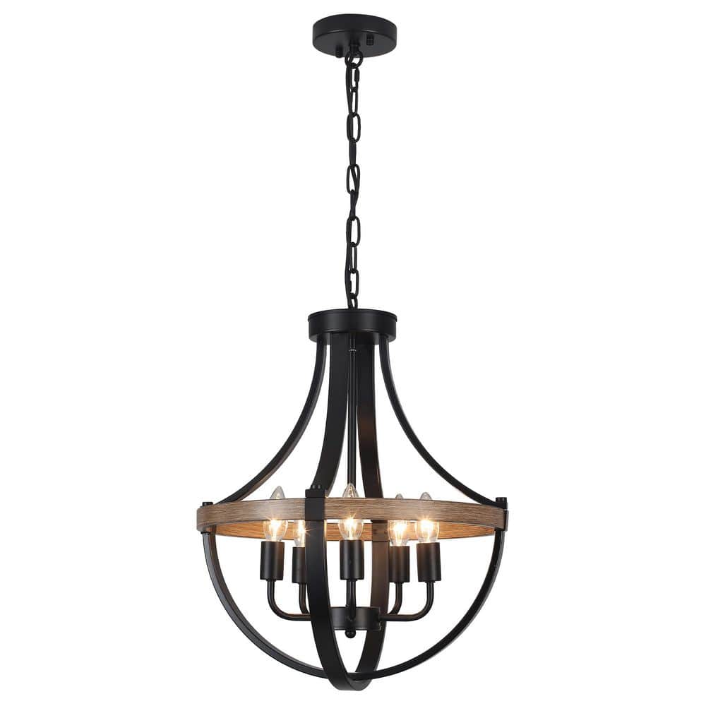 ADSENSTY 5-Light Black and Imitation Wood Grain Industrial Chandelier ...
