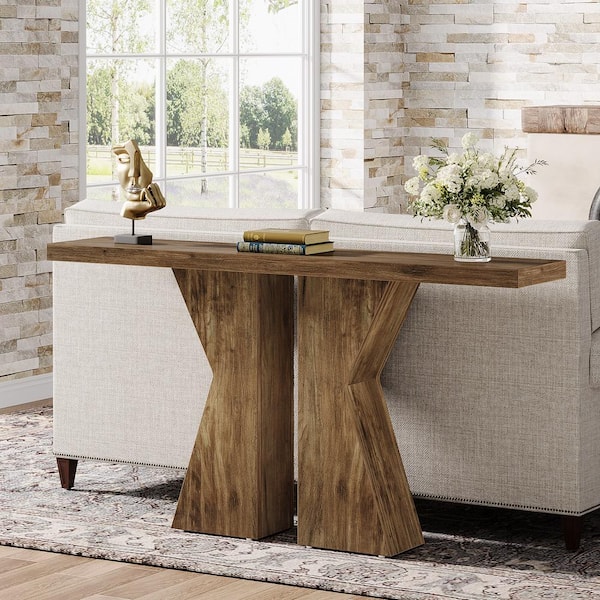 Turrella 55.12 in. Brown Entryway Table Rectangle Wood Console Table Behind Sofa Table with K Shape Frame for Hallway