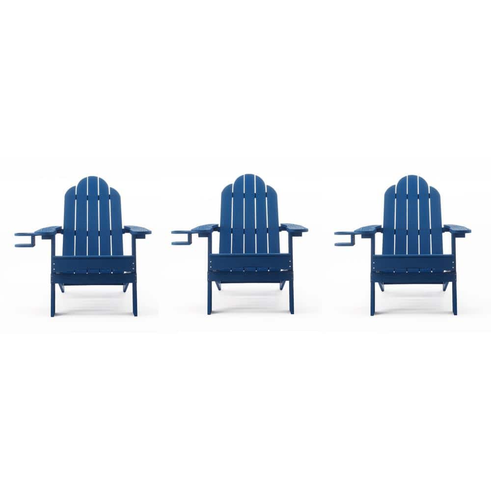 LUE BONA Blue Foldable Plastic Outdoor Patio Adirondack Chair with Cup ...