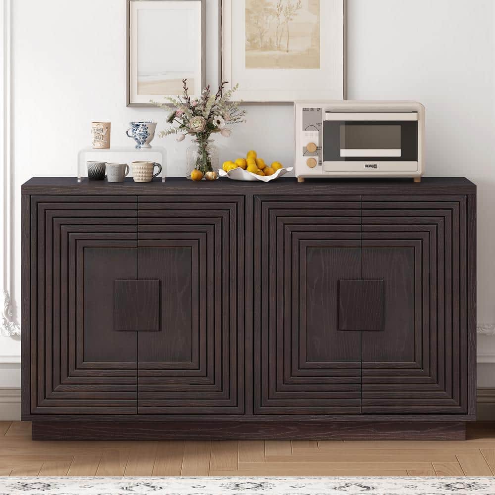 JUJABU Espresso Wood 60 in. 4-Door Sideboard with Adjustable Shelves ...