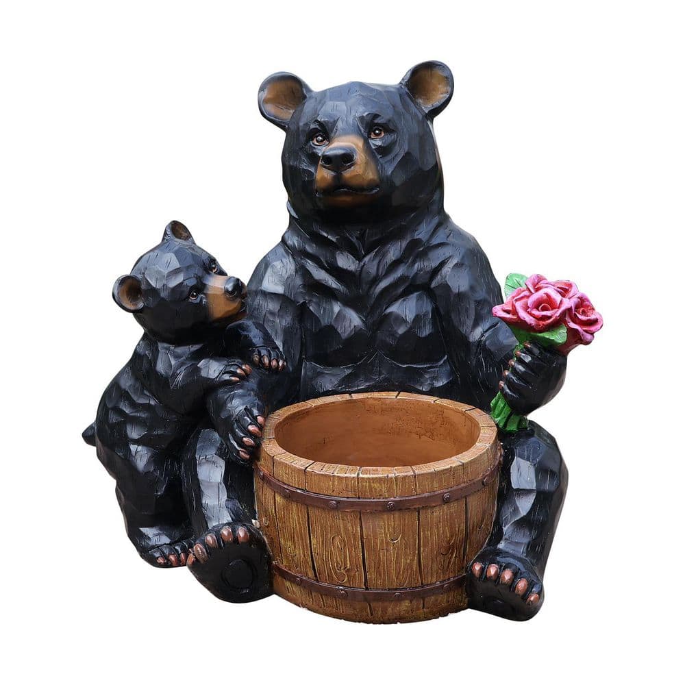 GOGEXX Black 21.64 in. x 20.47 in. Resin Outdoor Garden Sculpture Bear ...