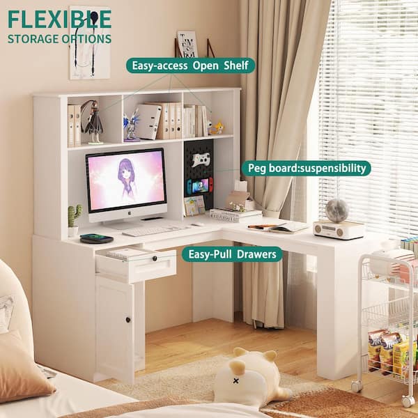 59.4 in. L Shaped White MDF 1 Drawer Corner Computer Desk with Power Outlet and Bookshelf Study Table Writing Desk W1321 zt S00010 The Home Depot