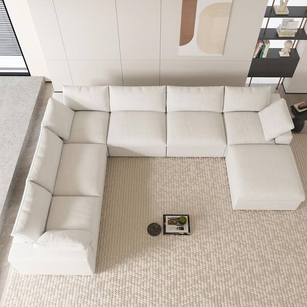 J E Home 129.6 in. Square Arm 7 Piece Linen Oversized Modular Sectional Sofa with Ottoman Corner in Gray GD W487S00063