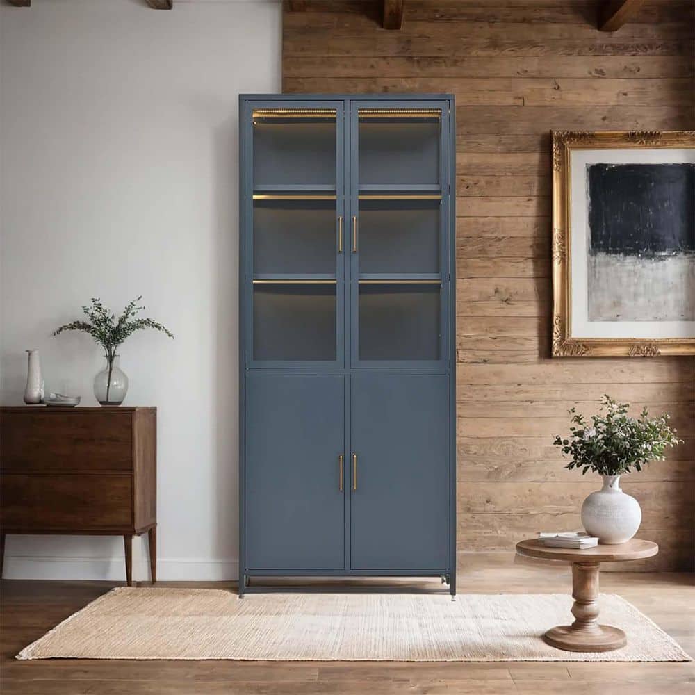 Dark Blue 76.75 in. Glass Doors Display Cabinet Modern Bookcase Curio ...