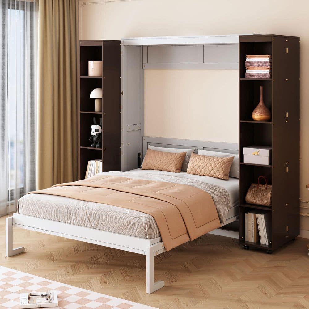 Harper & Bright Designs Espresso Brown Wood Frame Queen Murphy Bed Wall ...