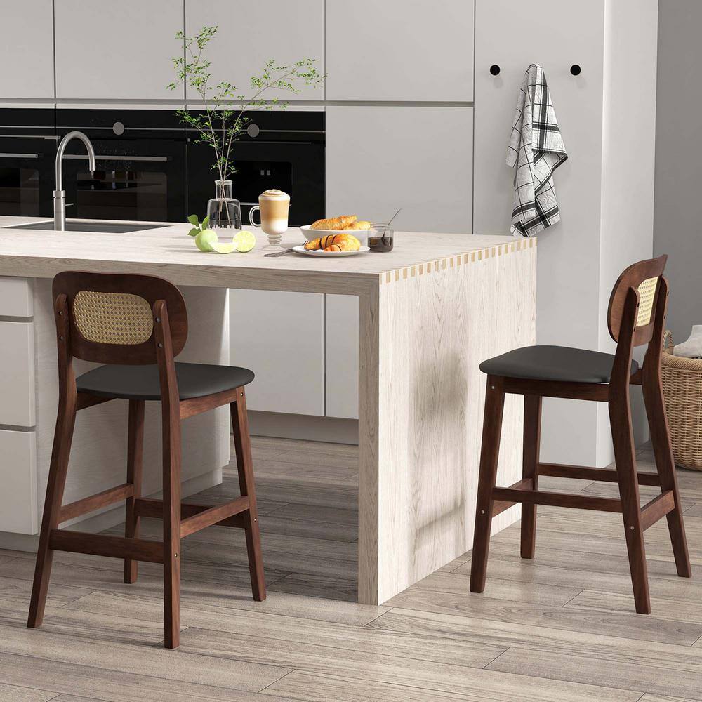 Costway 25 in. Brown Low Back Wood Bar Stool Counter Stool with Faux ...