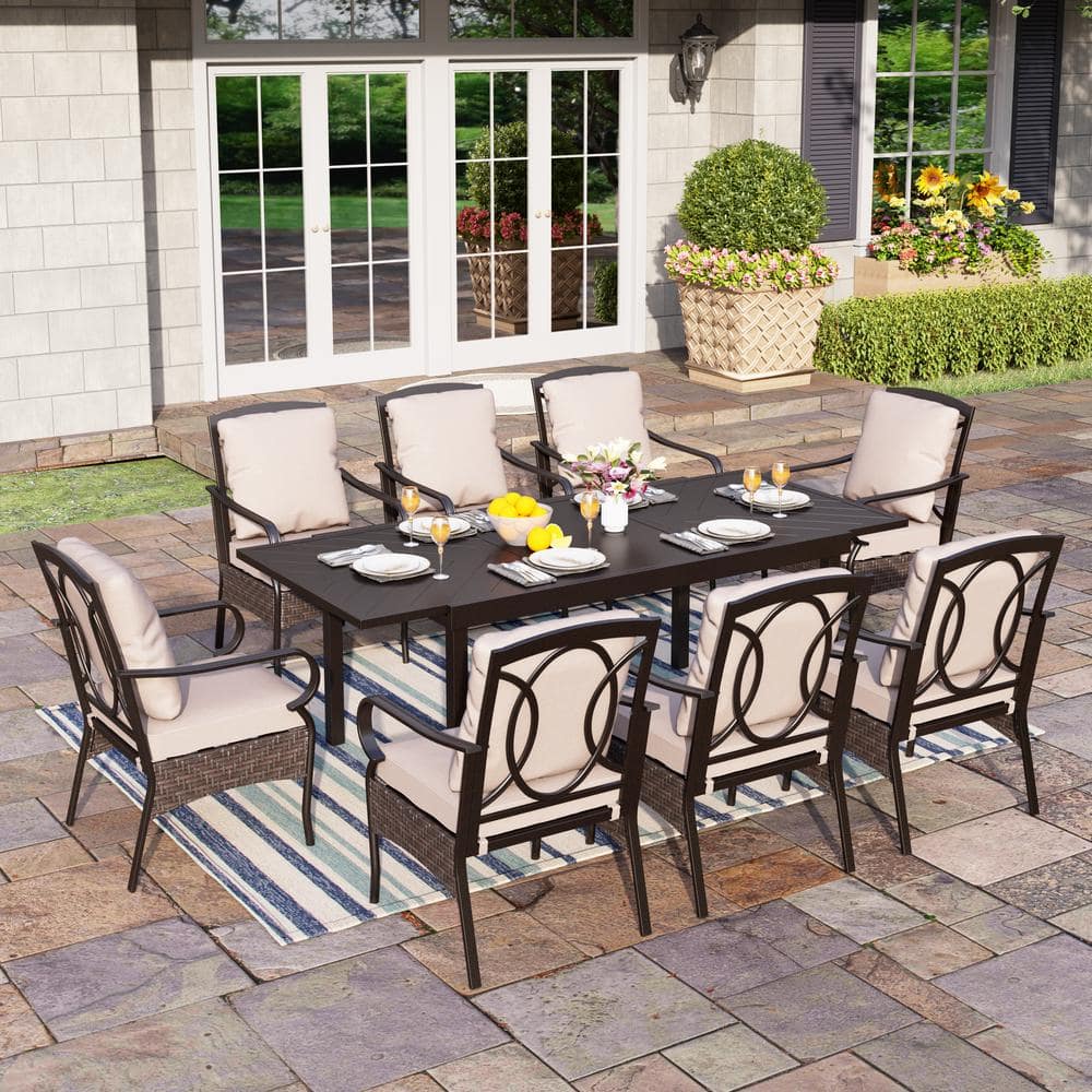 PHI VILLA 9-Piece Metal Patio Outdoor Dining Set with Extendable ...