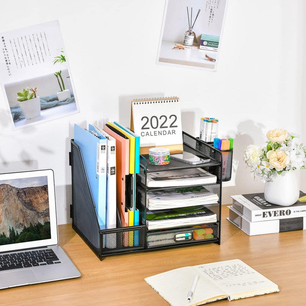 N/A. Black 13.8 in. x 11.22 in. Metal Mesh Desk Organizer with 5-Tier ...