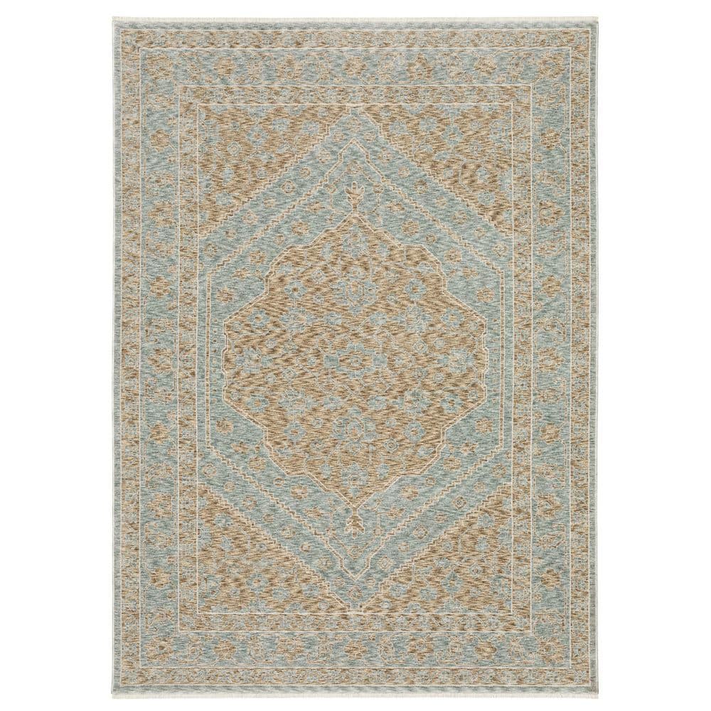 AVERLEY HOME Eclipse Beige/Blue 8 ft. x 11 ft. Center Oriental Medallion Polyester Fringe-Edge ...