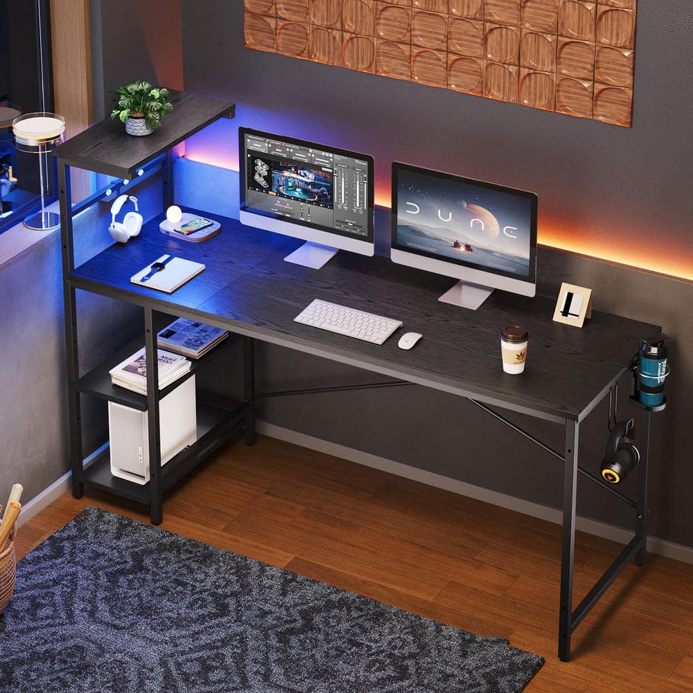 Bestier 61 in. Rectangular Black Grained Computer Desk with 4-Tier ...