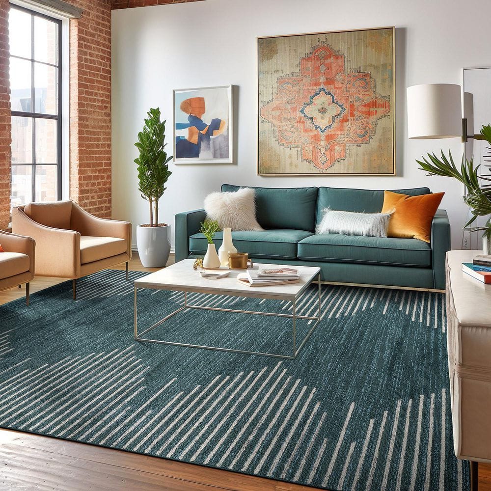 World Rug Gallery Bohemian Stripe Teal 7 ft. 10 in. x 10 ft. Area Rug ...