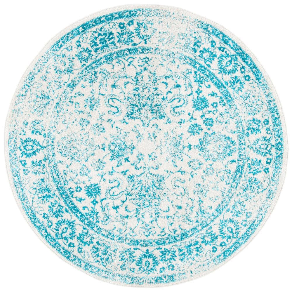 SAFAVIEH Adirondack 4 ft. x 4 ft. Round Ivory/Teal Border Distressed ...