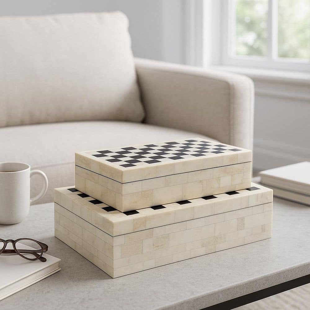 Liv & Skye Black/White 12 in. x 4 in. Resin Checkered Design Decorative ...