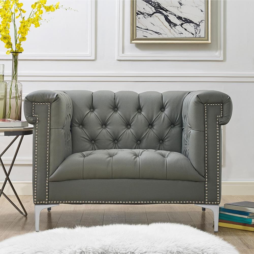 Inspired Home Ramona PU Leather Club Arm Chair Grey/Silver Button ...