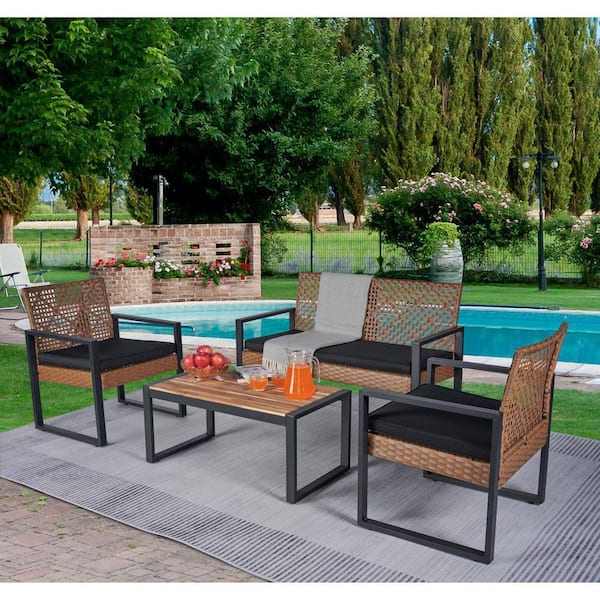 Tenleaf 4-Piece Brown Wicker Patio Conversation Set with Black Cushions ...