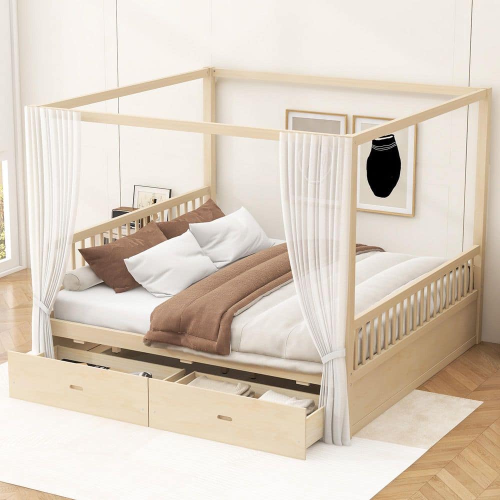 Harper & Bright Designs Natural(Beige) Pine Wood Frame King Size Canopy ...