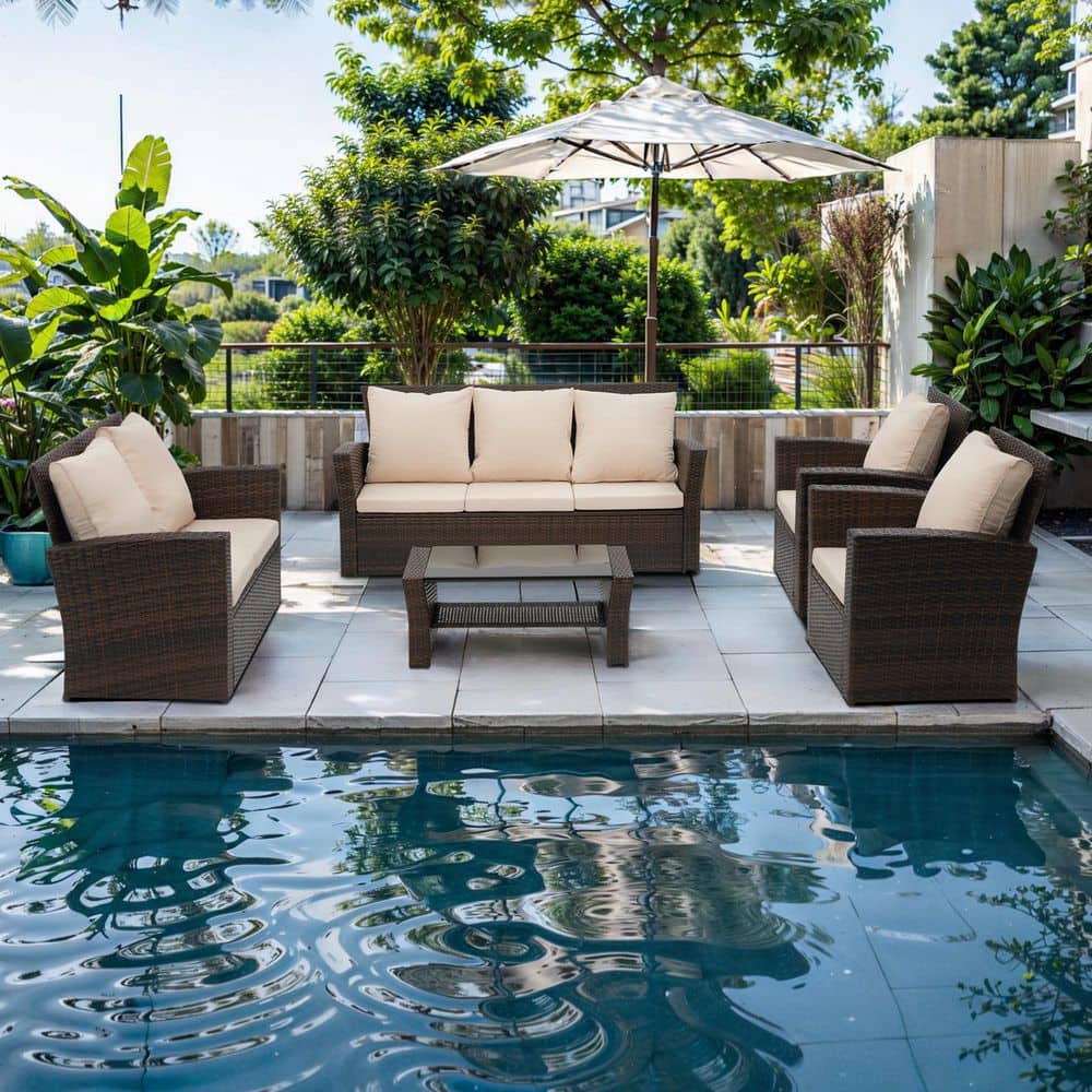 SUNVIVI 5-Piece Wicker Patio Furniture Set with Biege Cushions ...