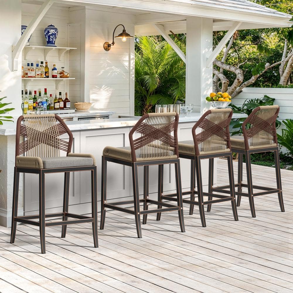 Hotormer Shanks Rattan Aluminum Frame Black Modern Boho Counter Height Outdoor Bar Stool with ...