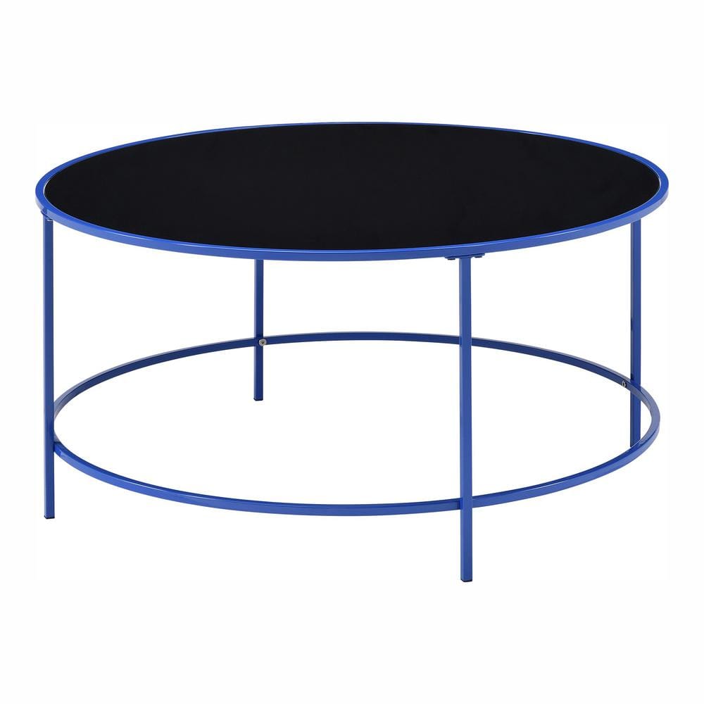 Furniture of America Skyes 36 in. Blue Coating Round Glass Top Coffee ...