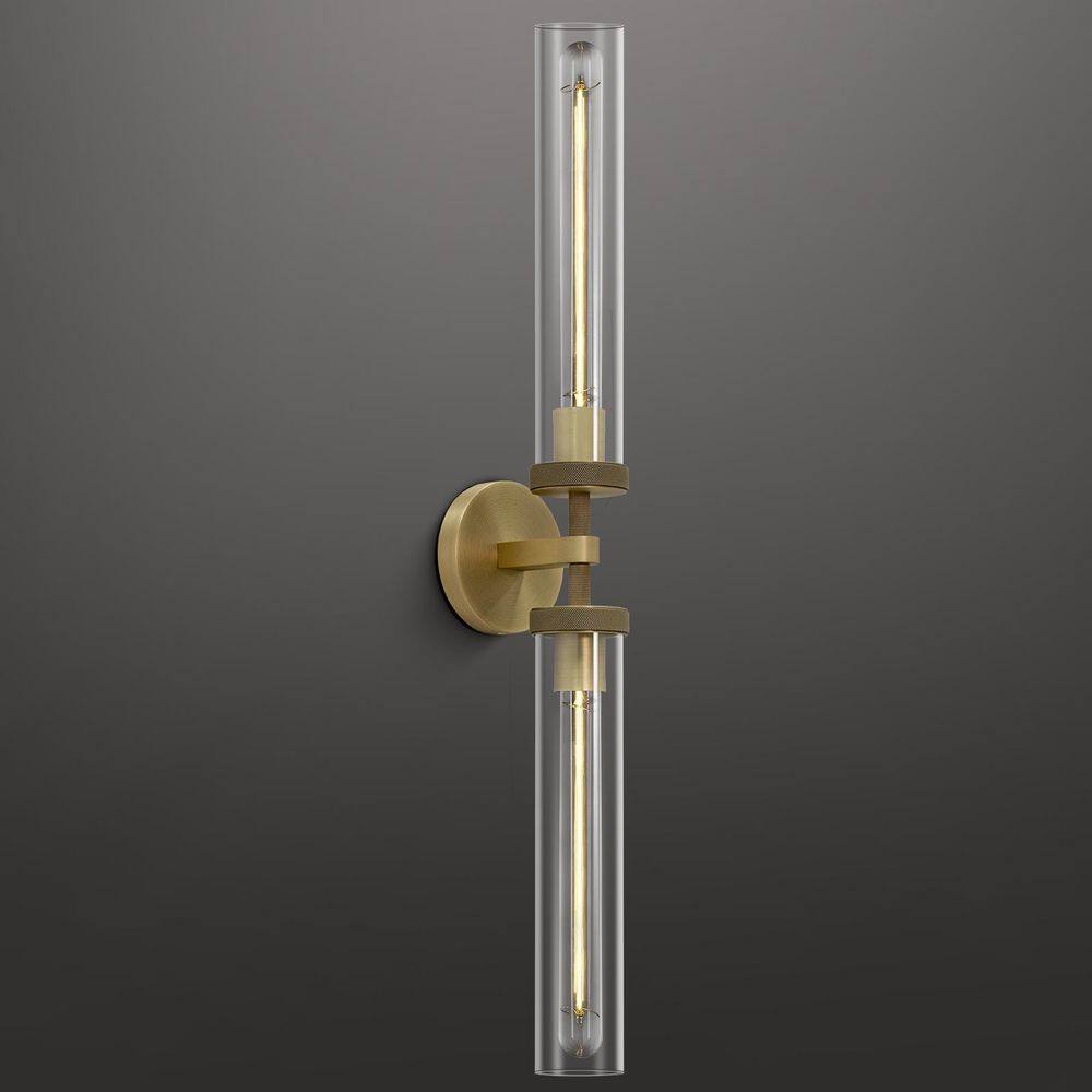 PUYRNF 30 in. 2-Light Brass Glass Dimmable LED Wall Sconce, Knurled ...