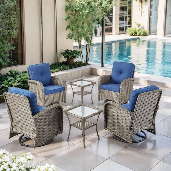Bellefurn Rotavia Gray 6-Piece Wicker Swivel Glider Outdoor Rocking Chairs Patio Conversation ...
