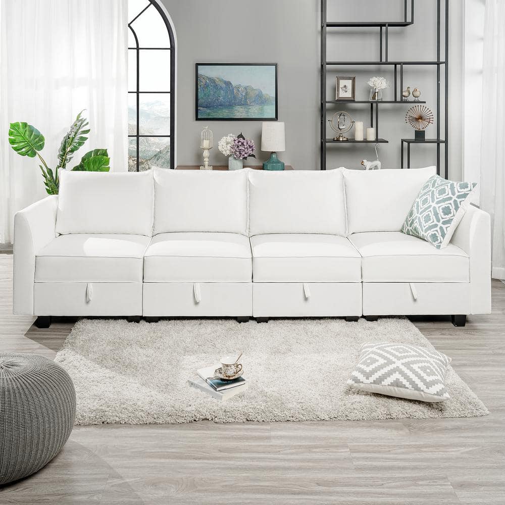 Naomi Home Elizabeth Modern DIY Collection Fabric Linen Style 4 Piece Modular Sectional Finish White Down