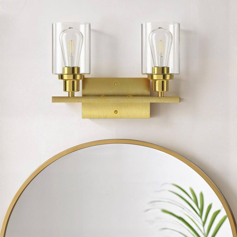 Merra 14 in. 2-Light Brushed Gold Modern Vanity-Light with Clear Glass ...
