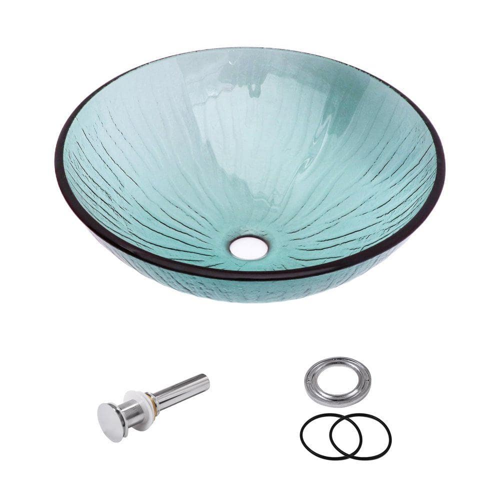 Logmey 16-1/2 in. Wave Teal Glass Round Vessel Bathroom Sink with ...