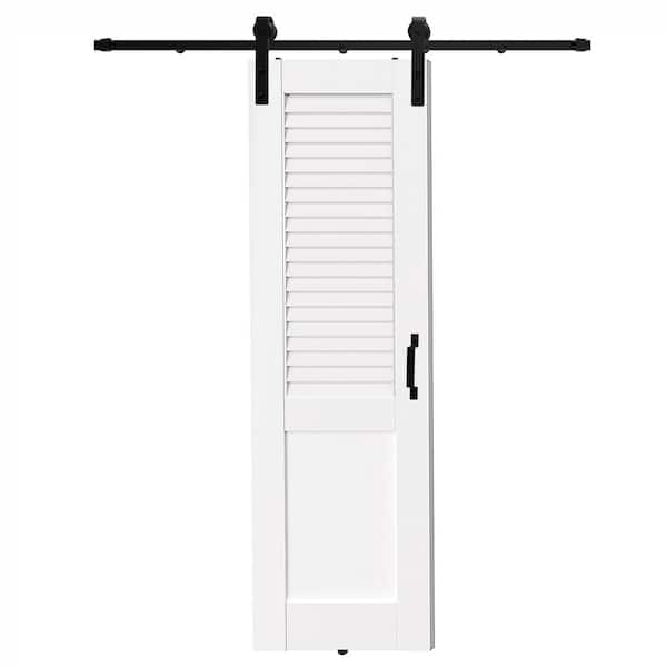 TENONER 28 in. x 80 in. Half-Louver White Primed Pine Wood Barn Door ...
