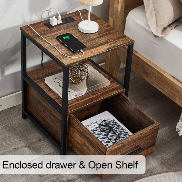 Platform Bed Frame Nightstand with Charging Station Set 3 Piece Brown Metal Wood Queen Bedroom Set