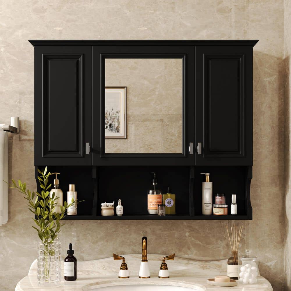 FAMYYT 35 in. W x 29 in. H Black Rectangular Wood Medicine Cabinet with Mirror, Open Shelves XJ ...