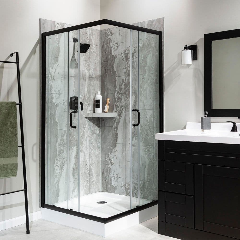 PALISADE 36 in. x 78 in. 2-Piece Glue-Up Corner Shower Wall, Shelf ...