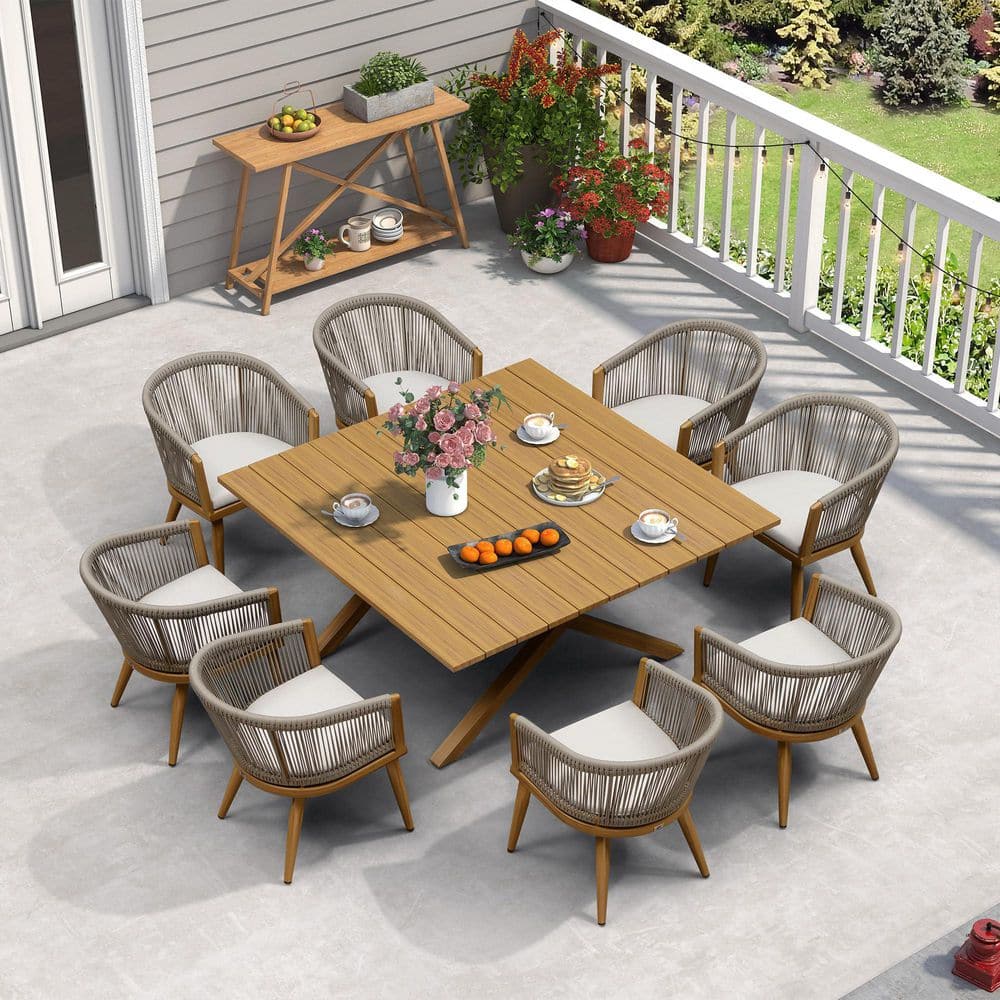 PURPLE LEAF 9-Piece Aluminum All-Weather Wicker Square Outdoor Dining ...