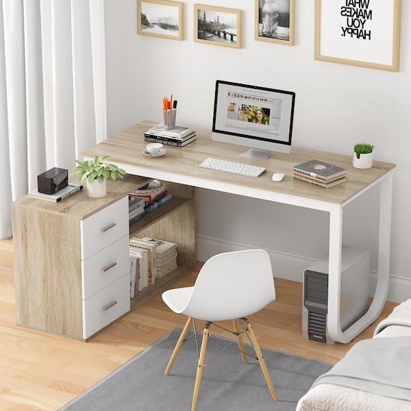 FUFU GAGA 55.1 in. L Shaped Beige Wood Executive Writing Desk Computer Desk Workstation W Removable Tabletop Shelves 3 Drawers KF210009 01 KPL2