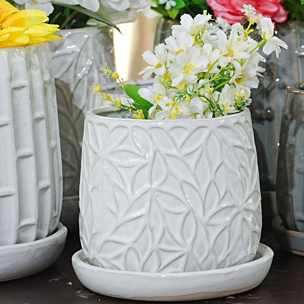 GOGEXX Set of 2 7.09 in. Gloss White Ceramic Flowerpot with Frost and ...