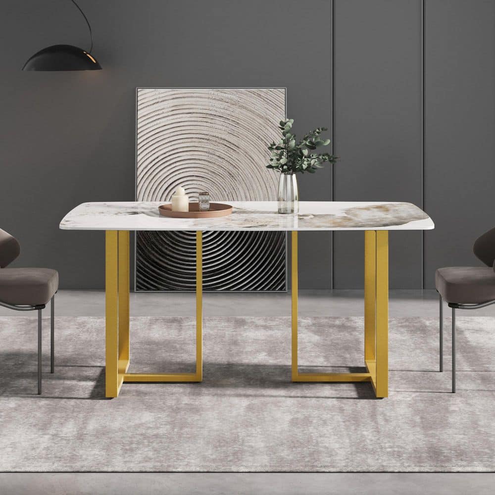 Magic Home 63 in. Pandora Modern Sintered Stone Rectangle Top 2 Gold ...