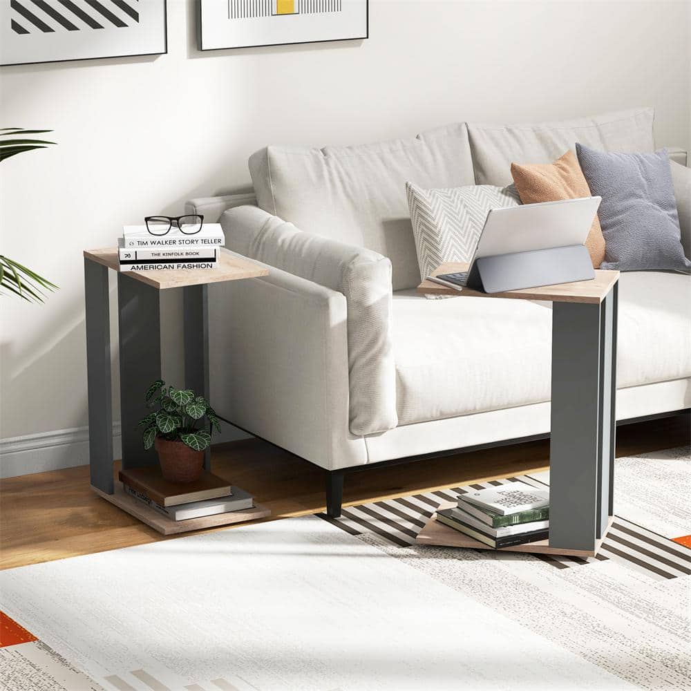 HONEY JOY 16.5 in. Brown C-shaped Wood End Table with Bottom Shelf and 4 Universal Wheels 2-tier ...