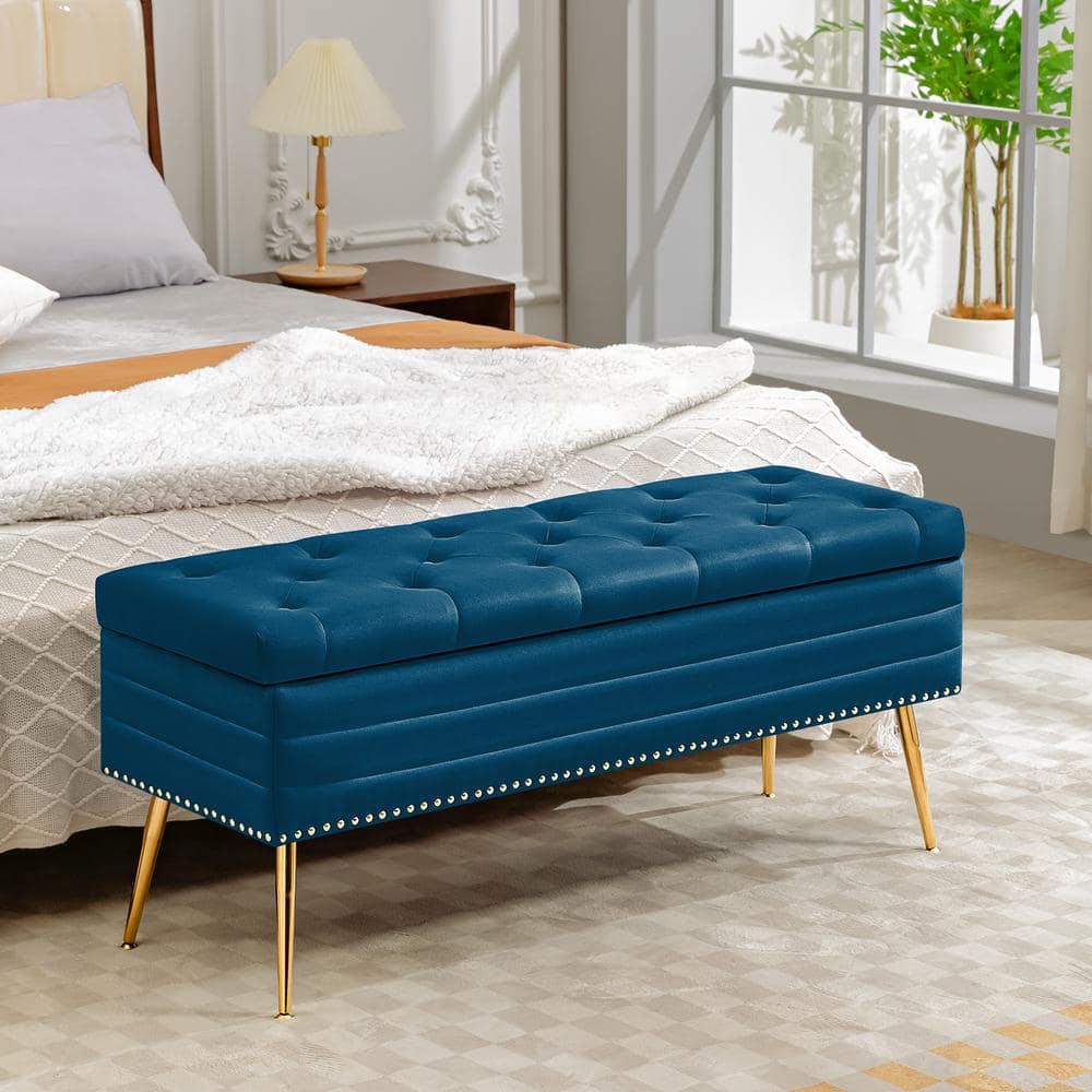 Reviews for JEAREY Velvet Navy Storage Ottoman Entryway Bench with Gold ...