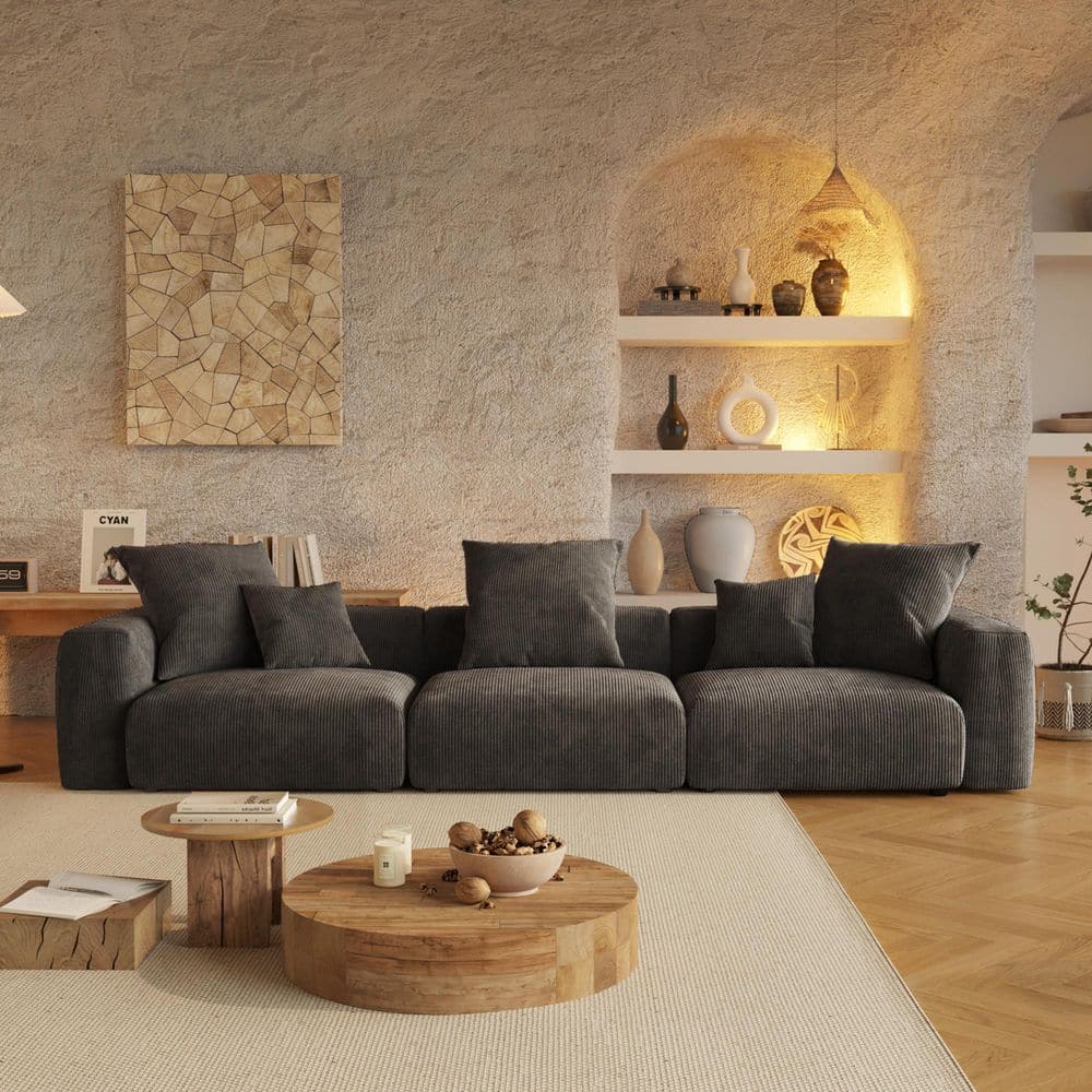 Magic Home Modern 142 in. Square Arm Corduroy Modular Oversized Floor 3-Seats Sofa Couch with ...