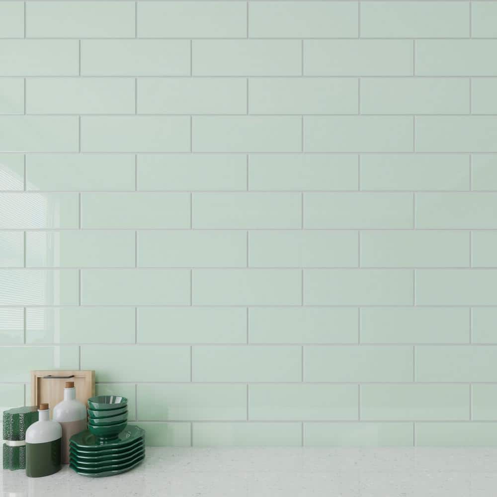 Giorbello Winter Sage 4 in. x 12 in. x 8mm Glass Subway Wall Tile (5 sq ...