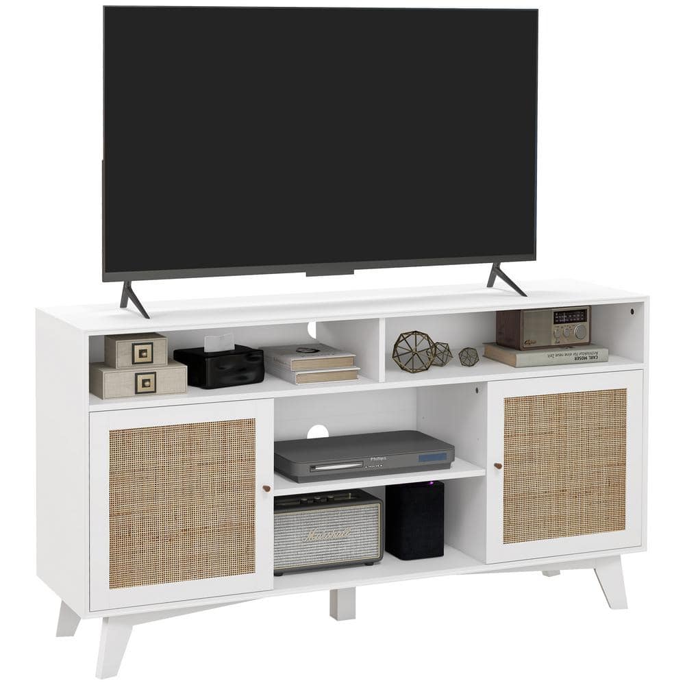 HOMCOM White Boho TV Stand for 65 in. TVs, TV Console Table with Rattan ...