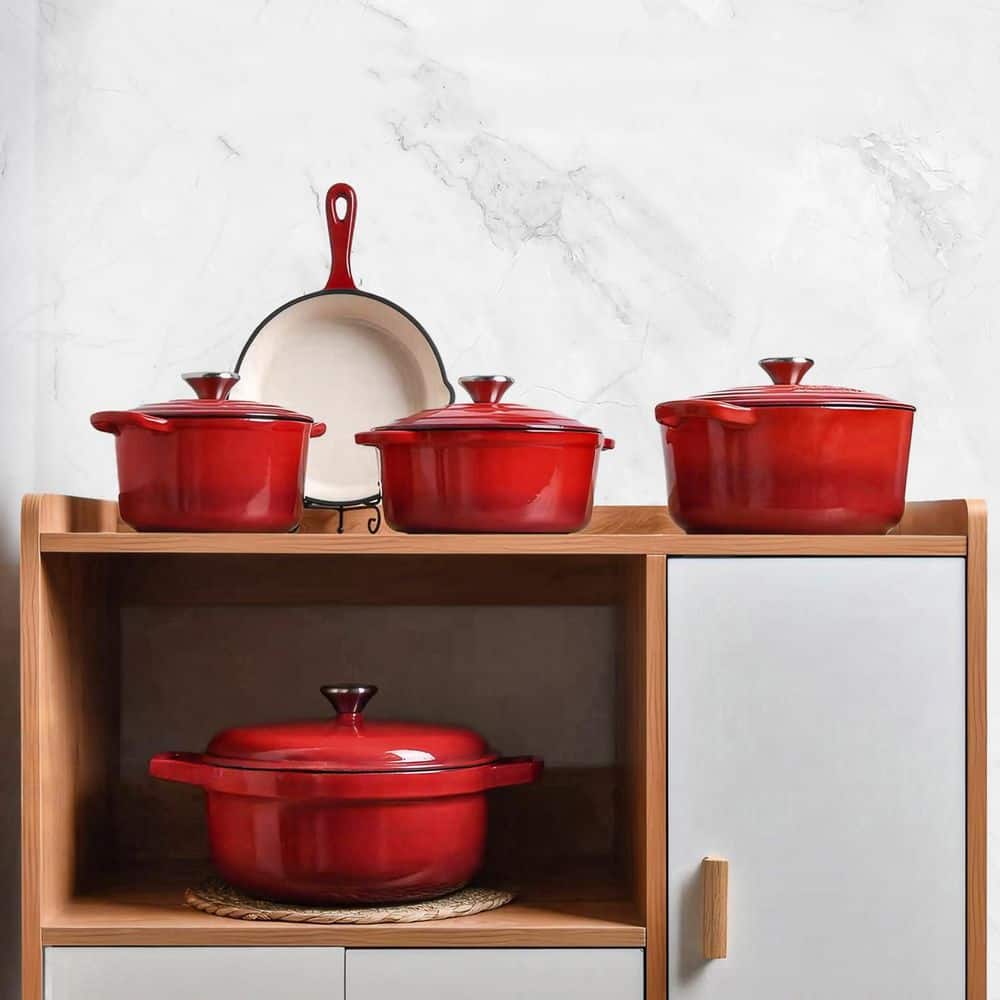 Wudkey 5 qt. Round Enameled Cast Iron Dutch Oven in Red with Lid, Even ...
