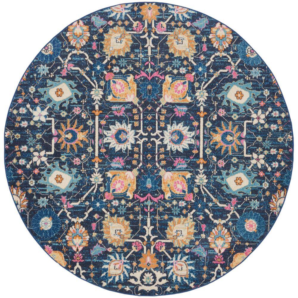 Nourison Passion Navy 8 ft. x 8 ft. Floral Transitional Round Area Rug ...