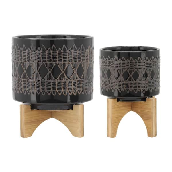 Liv & Skye 6 in. Green/ Brown Ceramic Planter with Bamboo Wood Stand ...